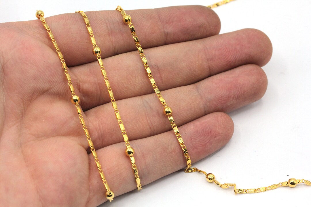 24k Shiny Gold Curb With 3mm Ball Chain, Gold Ball Beaded Chain ...