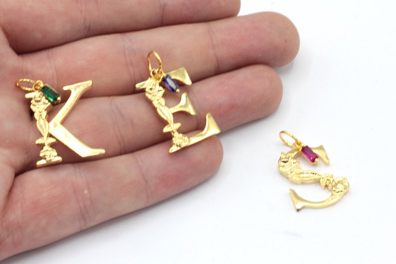 23mm 24k Shiny Gold Plated Letter With Birthstone Charm, Letter Pendant ...