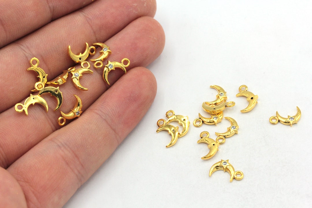 6x10mm 24k Shiny Gold Tiny Moon Bracelet Charm, CZ Micro Pave Moon ...