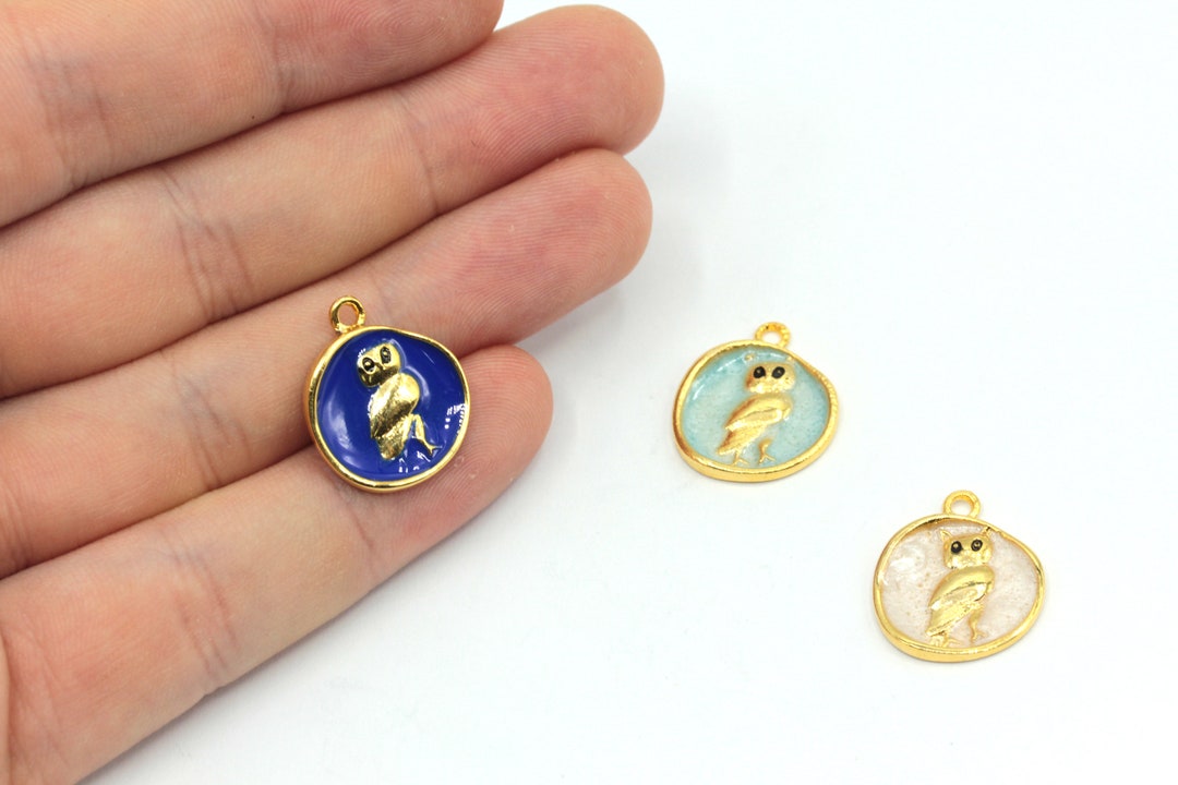16x19mm 24k Shiny Gold Enamel Owl Charm, Owl Medallion Charm, Gold Owl ...