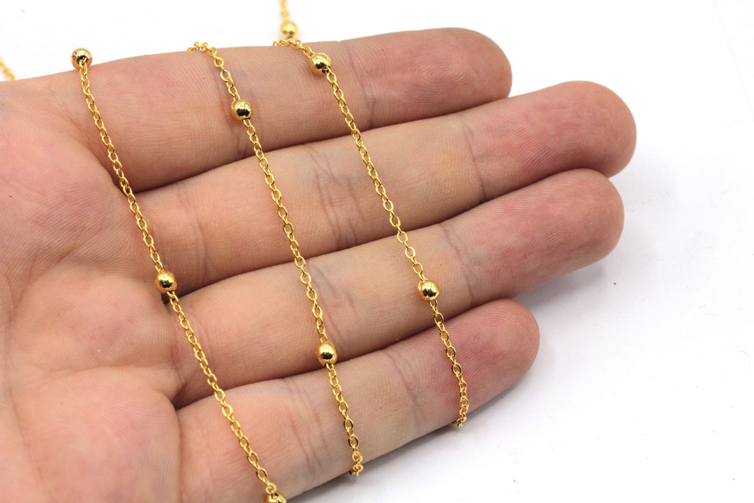 24k Shiny Gold Curb With 3mm Ball Chain, Gold Ball Beaded Chain, Soldered Chain, Ball Bar Chain ...