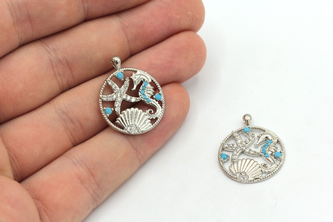 19mm Rhodium Plated Ocean Beach Charm, CZ Micro Pave Starfish Sea Horse ...