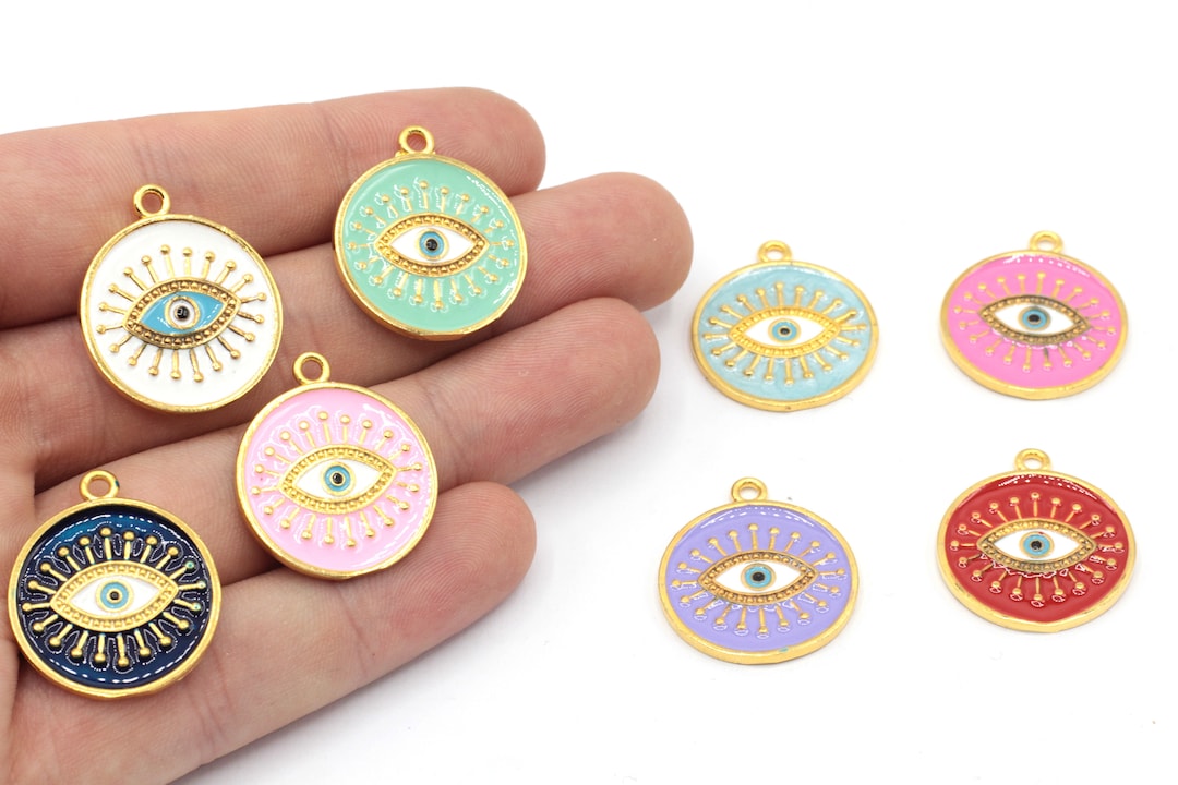 22x25mm 24k Shiny Gold Evil Eye Charm, Enamel Evil Eye Charm, Medallion ...