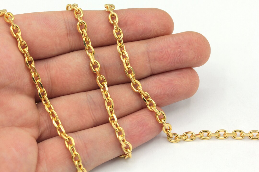 24k Shiny Gold Tiny Oval Chain, Gold Link Chain, Oval Link Chain, Gold ...