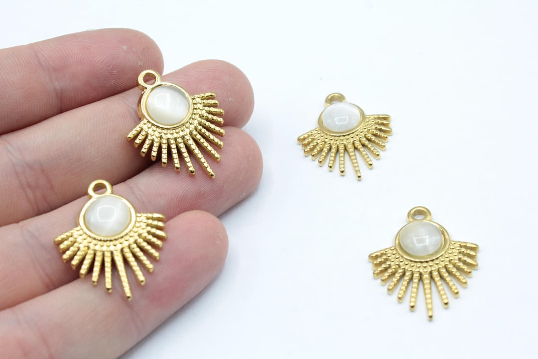 18K Gold Stainless Steel Half Sun Pearl Charm, Sunburst Pendant, Pearl ...