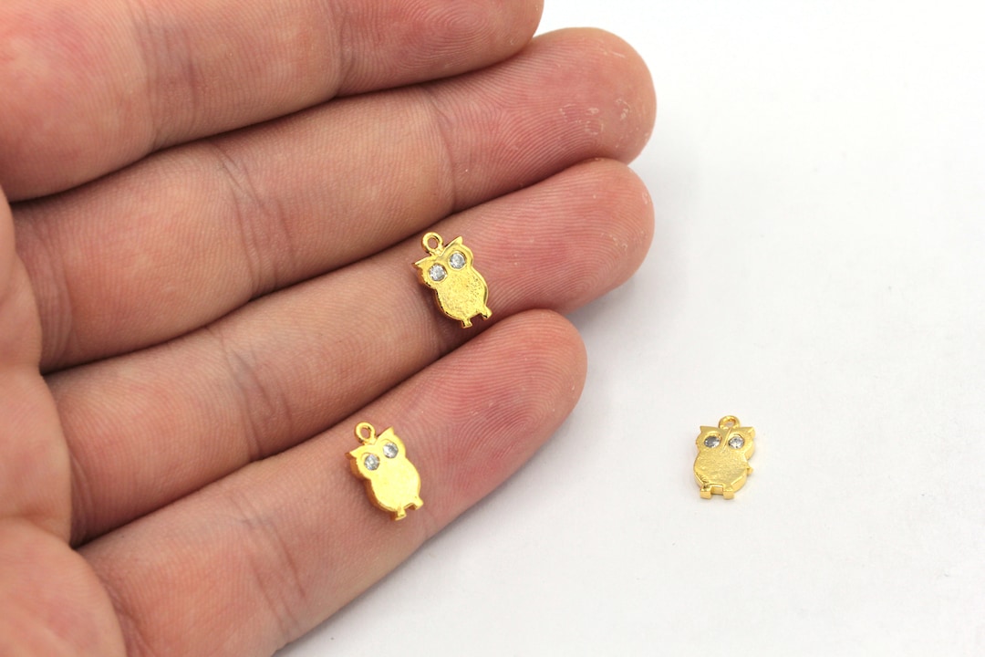 6x10mm 24k Shiny Gold Mini Owl Bracelet Charm, CZ Micro Pave Owl Charm ...