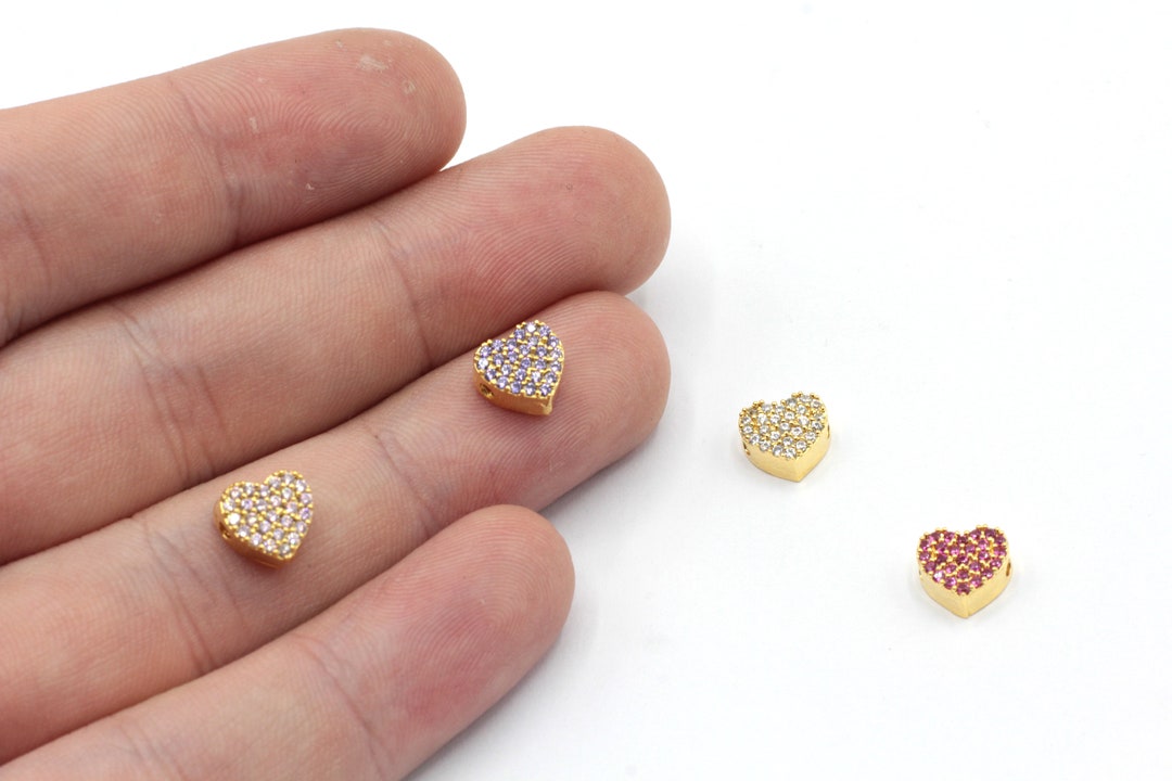 7.5mm 24k Shiny Gold Plated Heart Beads, Tiny Heart Bracelet Beads, Pave Heart Beads, Heart ...