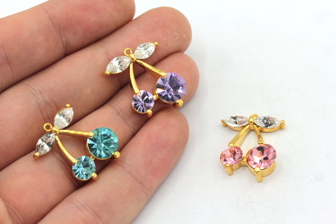 15x20mm 24k Shiny Gold Cherry Charm, CZ Micro Pave Cherry Charm, Pave ...