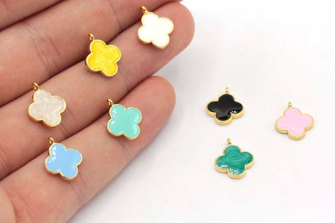 10x14mm 24k Shiny Gold Plated Mini Clover Charm, Enamel Clover Charm ...