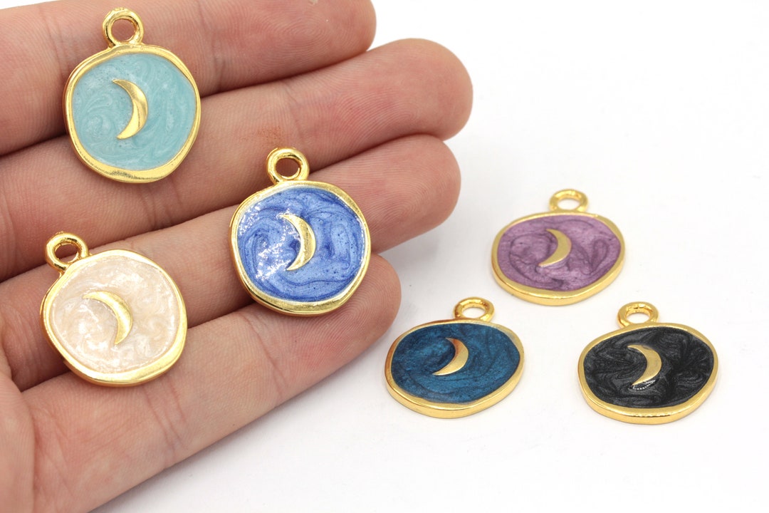 20x25mm 24k Shiny Gold Enamel Moon Charm, Moon Medallion Charm, Gold Moon Charm, Celestial Charm ...