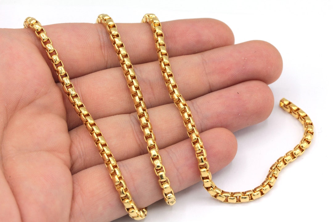 4mm 24k Shiny Gold Plated Box Chain, Gold Rolo Chain, Rolo Link Chain ...
