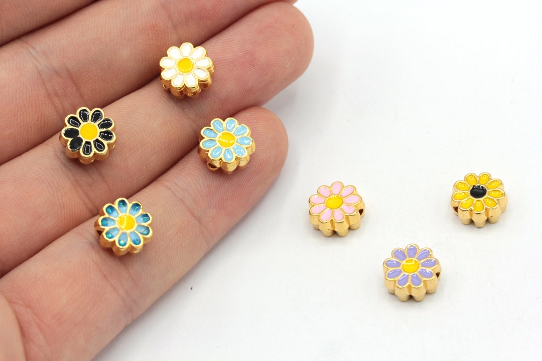 9mm 24k Shiny Gold Plated Enamel Daisy Beads, Daisy Bracelet Beads ...