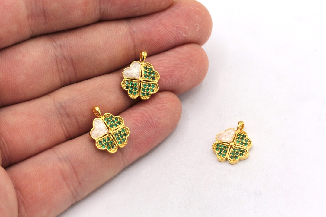 9x20mm 24k Shiny Gold Tiny Clover Charm, CZ Micro Pave Clover Charm ...