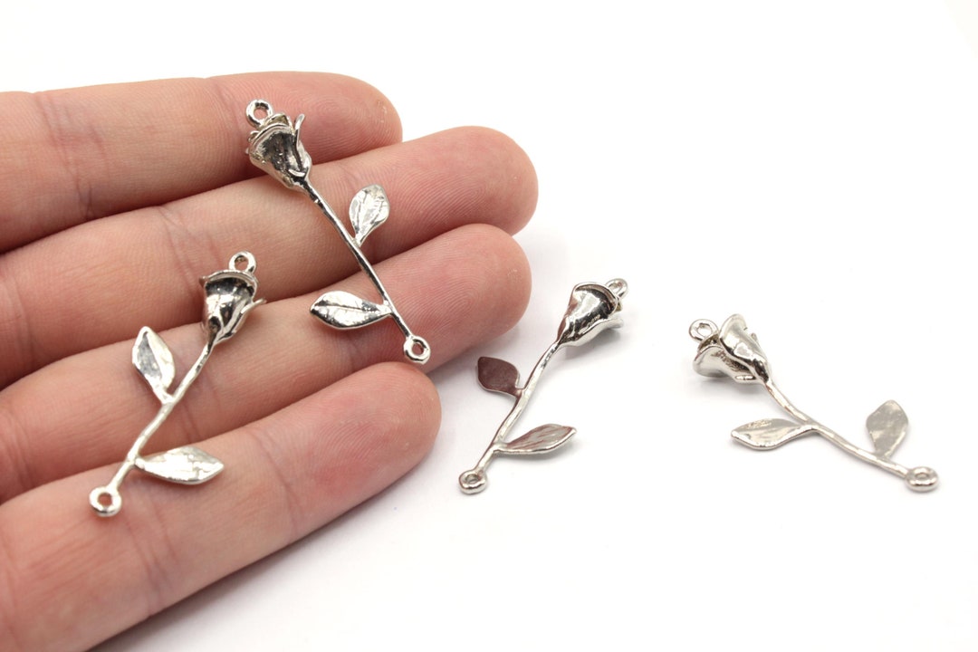 Rhodium Plated Rose Connector Charm, 19x38mm Flower Pendant, Silver ...