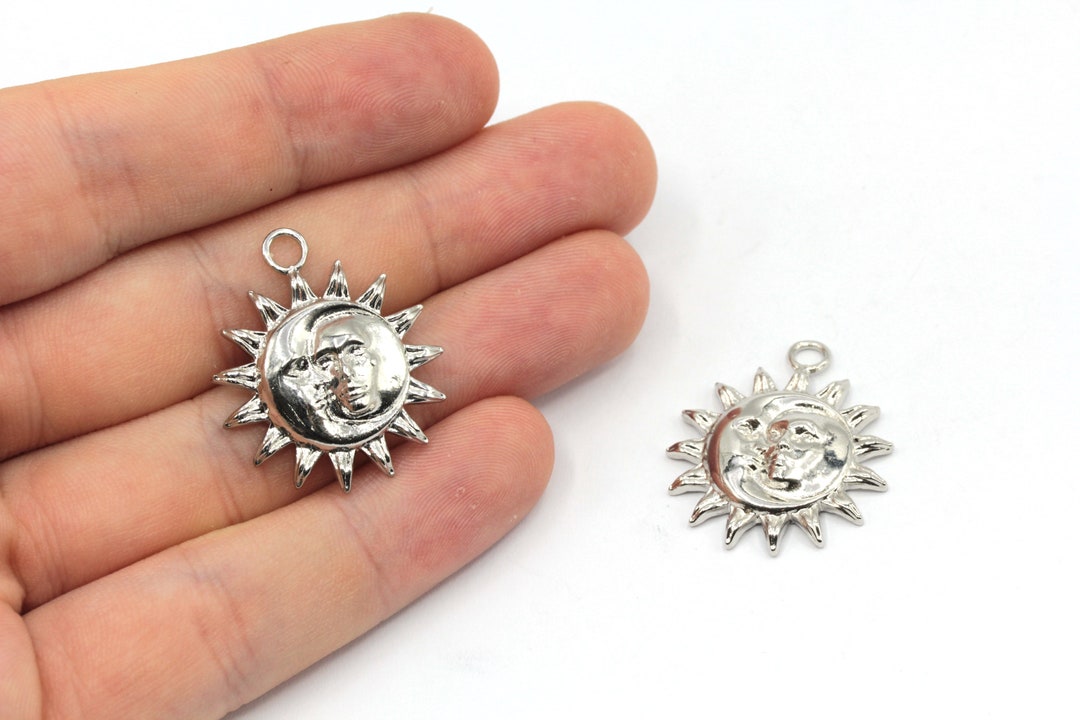 24x28mm Rhodium Plated Moon With Sun Face Charm, Celestial Charm ...