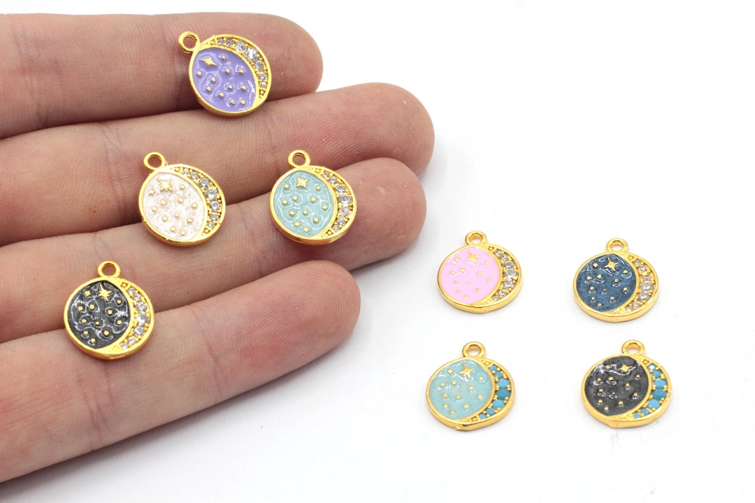 13x16mm 24k Shiny Gold Plated CZ Micro Pave Enamel Mini Moon Charm ...