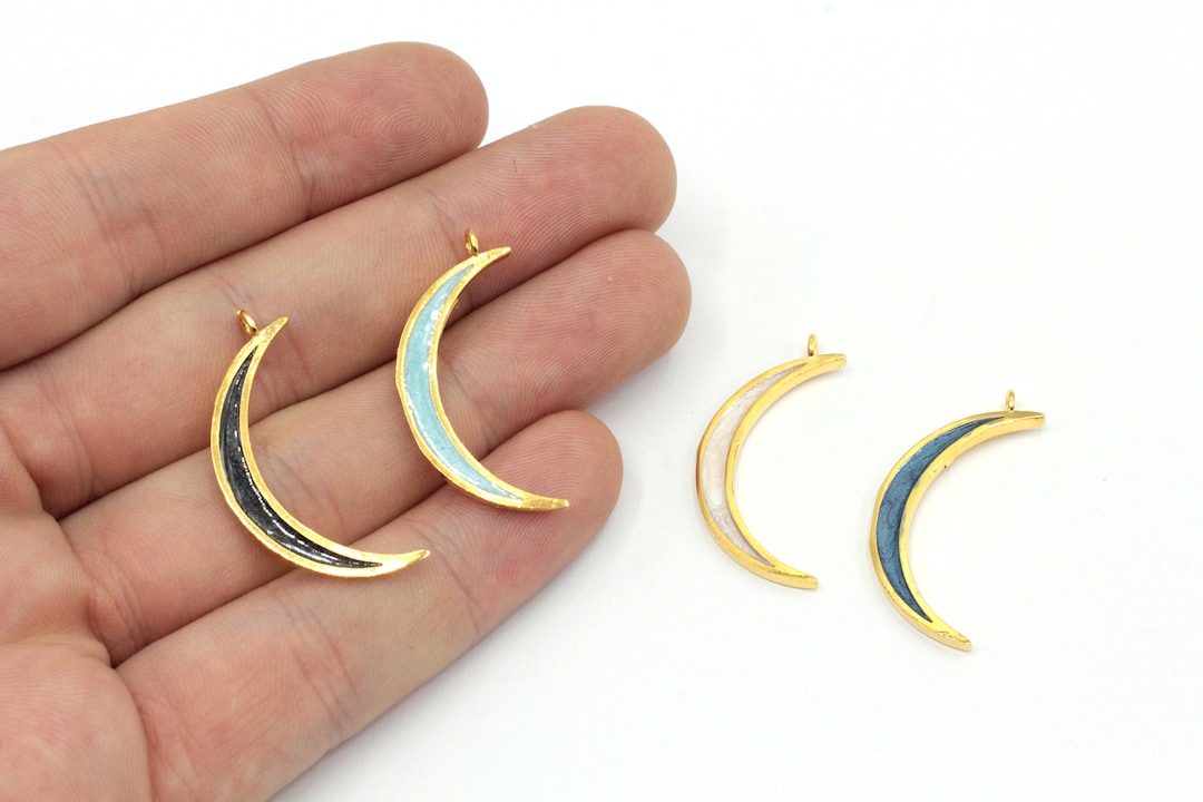 6x31mm 24k Shiny Gold Plated Moon Charm, Enamel Moon Charm, Gold Moon ...