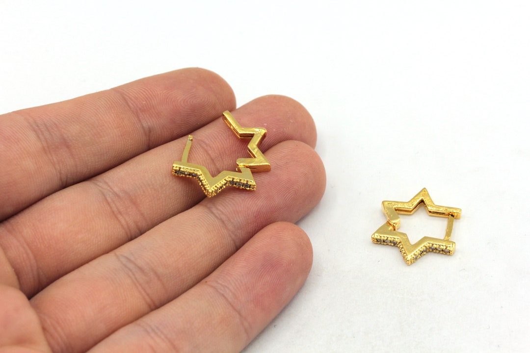 17mm 24k Shiny Gold Star Leverback Ear, Micro Pave Star Hoop Earrings ...