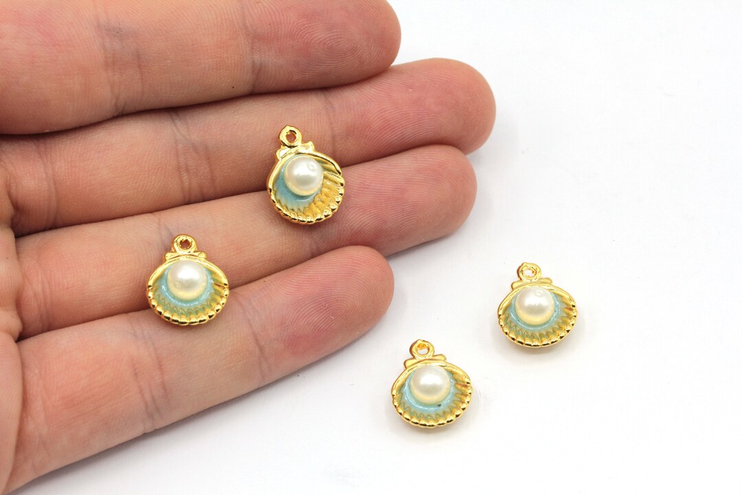 12x16mm 24k Shiny Gold Plated Sea Shell With Pearl Charm, Gold Oyster ...