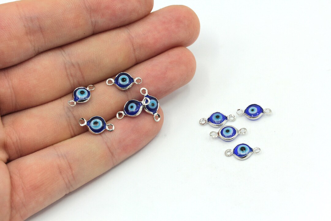 6x11mm Rhodium Mini Evil Eye Bracelet Charm, Glass Evil Eye Charm, Evil ...