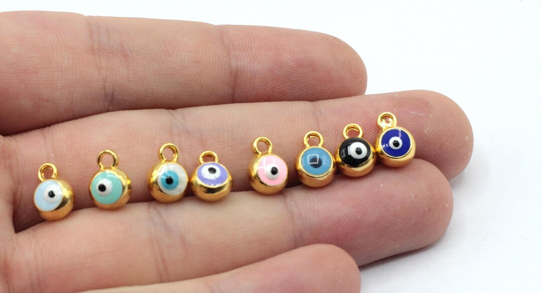7mm 24k Shiny Gold Plated Tiny Evil Eye Charm, Enamel Evil Eye Charm ...