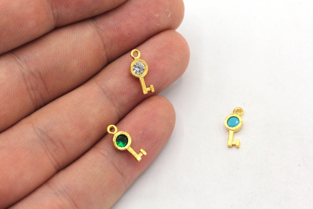 7x13mm 24k Shiny Gold Mini Key Charm, CZ Micro Pave Key Charm, Zirconia ...