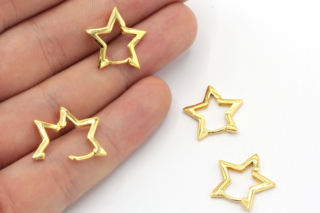16mm 24k Shiny Gold Plated Leverback Star Earring, Star Hoop Earrings ...