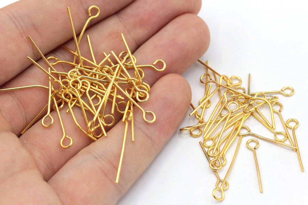50 Pcs 20 Ga 20mm 24k Shiny Gold Plated Eye Pin, Gold Eye Pin, Eye Pins ...