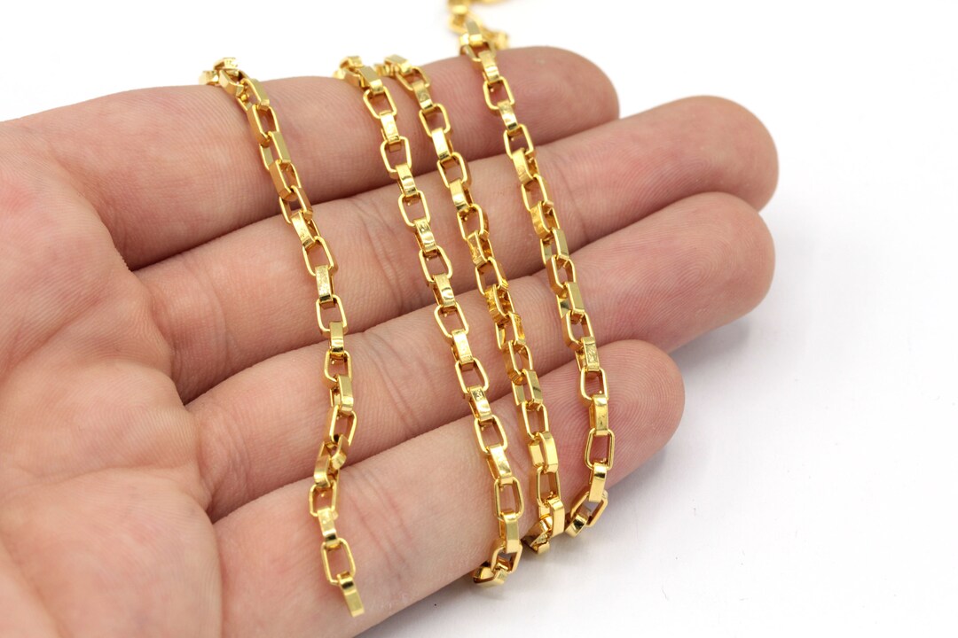 4x7mm 24k Shiny Gold Plated Square Link Chain, Gold Box Chain, Link ...