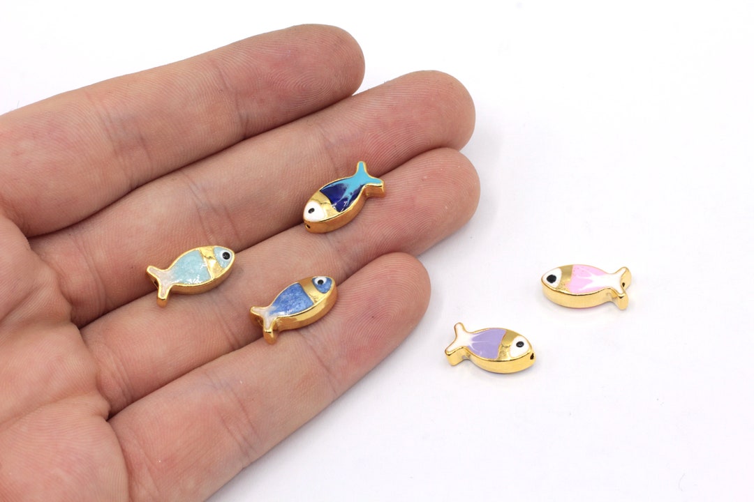 7x15mm 24k Shiny Gold Plated Enamel Fish Beads, Fish Bracelet Beads ...
