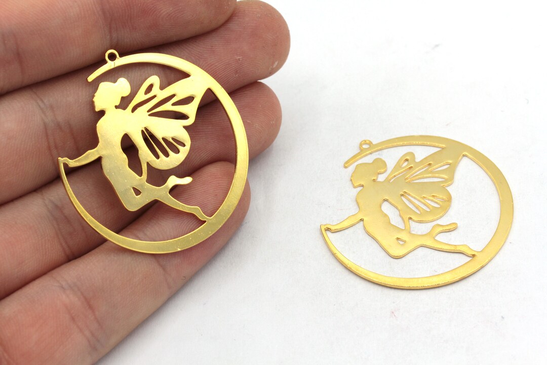 35x37mm 24k Shiny Gold Fairy Charm, Moon With Fairy Pendant, Gold ...