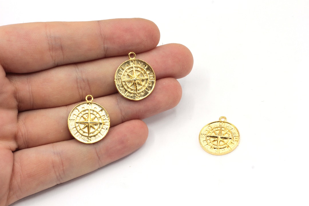 18x21mm 24k Shiny Gold Compass Charm, Medallion Charm, Travel Charm ...