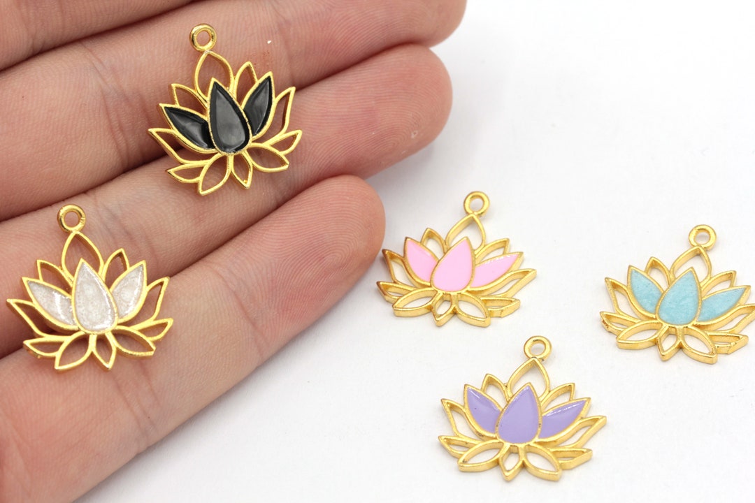 20mm 24k Shiny Gold Lotus Charm, Enamel Lotus Charm, Gold Lotus Flower ...