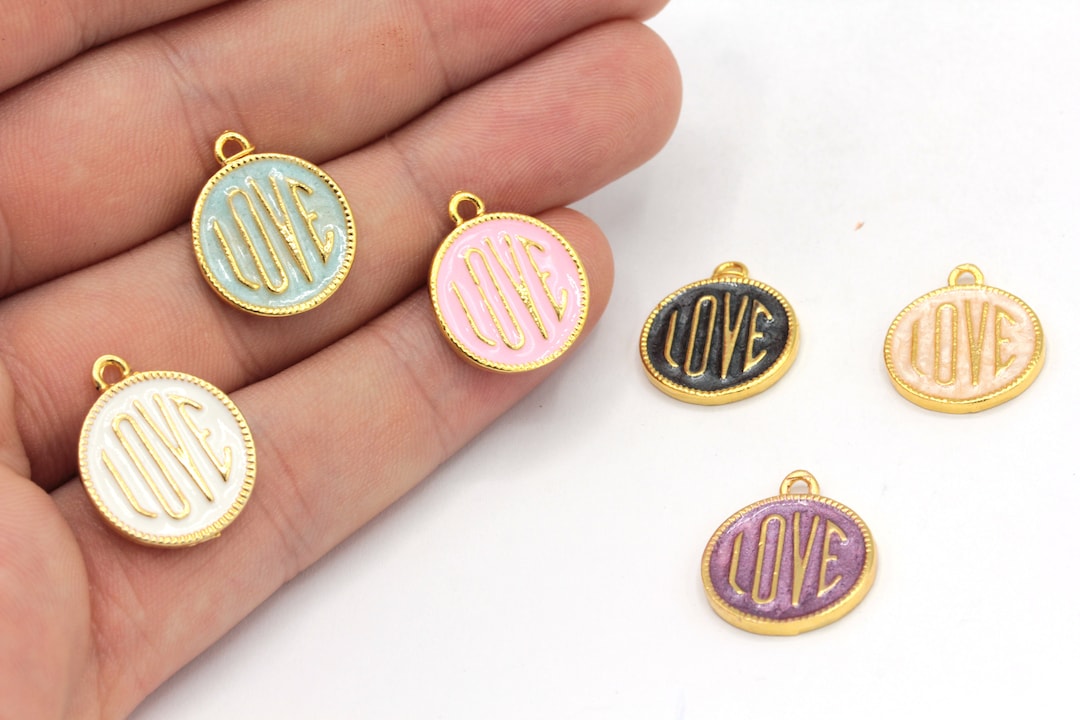 16x19mm 24k Shiny Gold Enamel Love Charm, Medalliom Charm, Love Word ...
