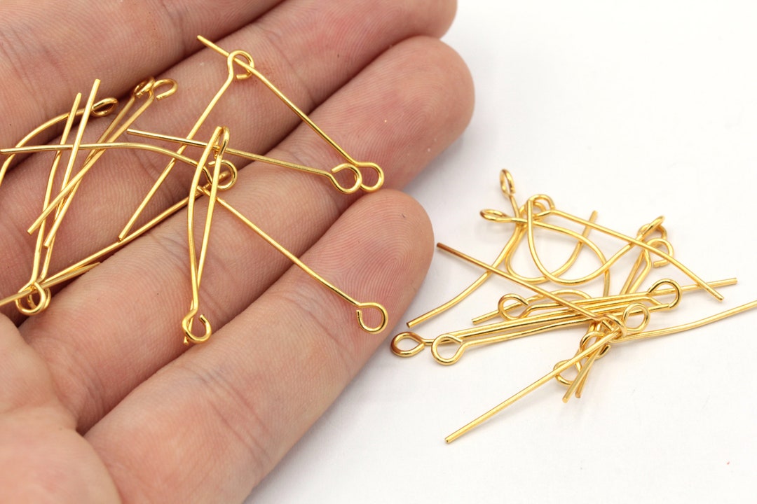 50 Pcs 20 Ga 30mm 24k Shiny Gold Plated Eye Pin, Gold Eye Pin, Eye Pins ...