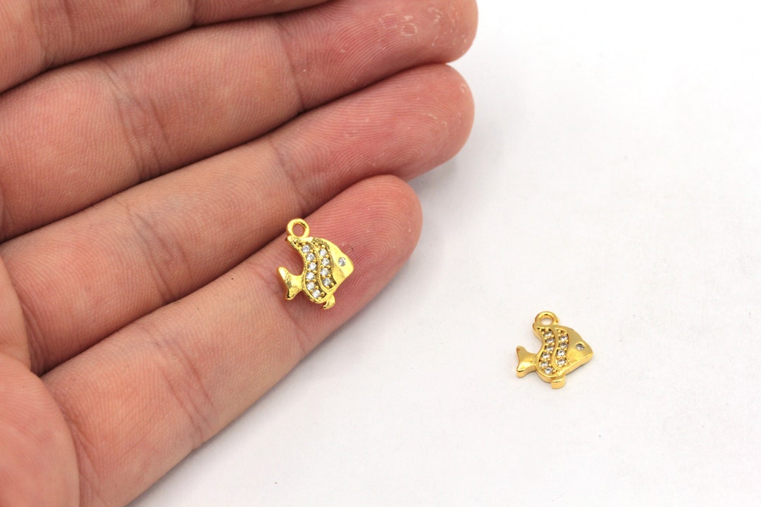 10x12mm 24k Shiny Gold Tiny Fish Bracelet Charm, CZ Micro Pave Fish ...