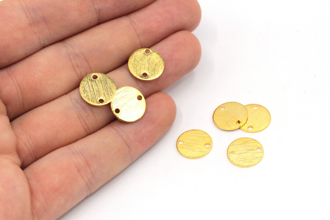 14mm 24k Shiny Gold Textured Disc Charm, 2 Holes Round Disc, Stamping ...