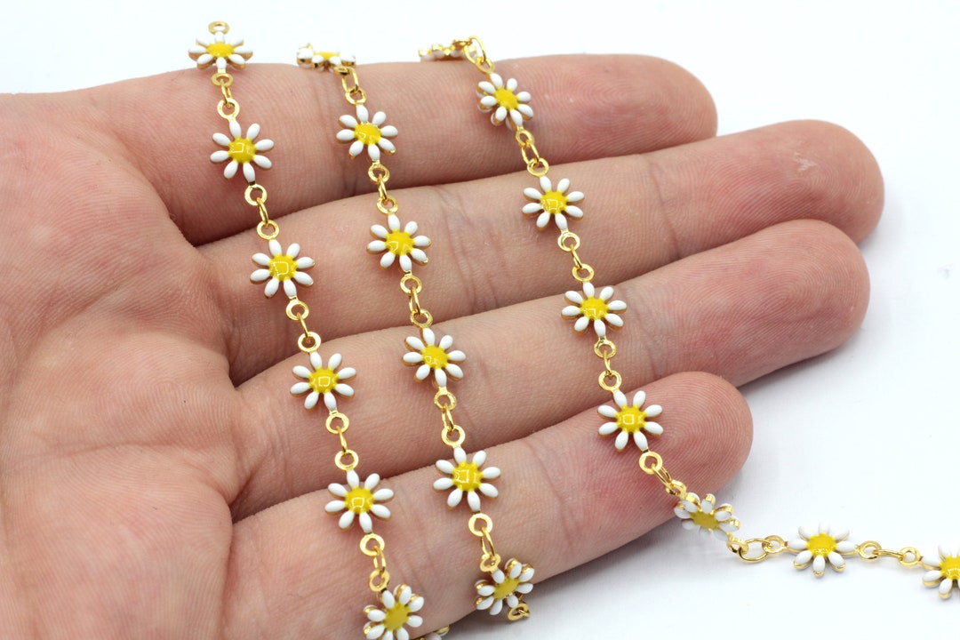 7mm 24k Shiny Gold Plated Enamel Daisy Link Chain, Daisy Chain, Anklet ...