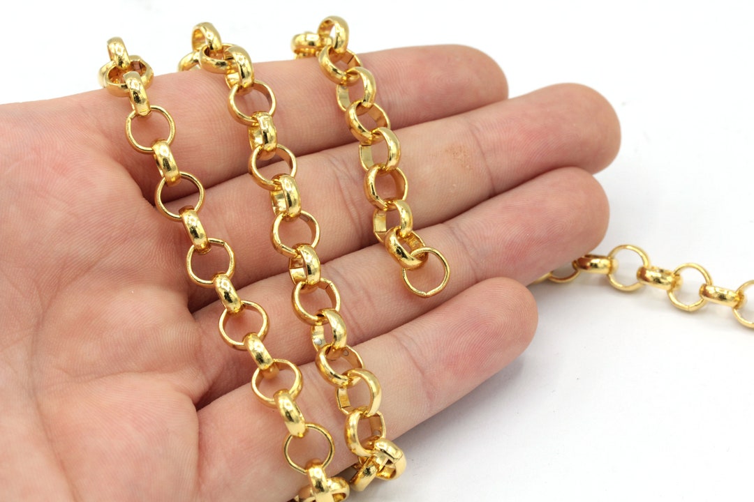 8mm 24k Shiny Gold Plated Rolo Chain, Gold Round Link Chain, Rolo Link ...