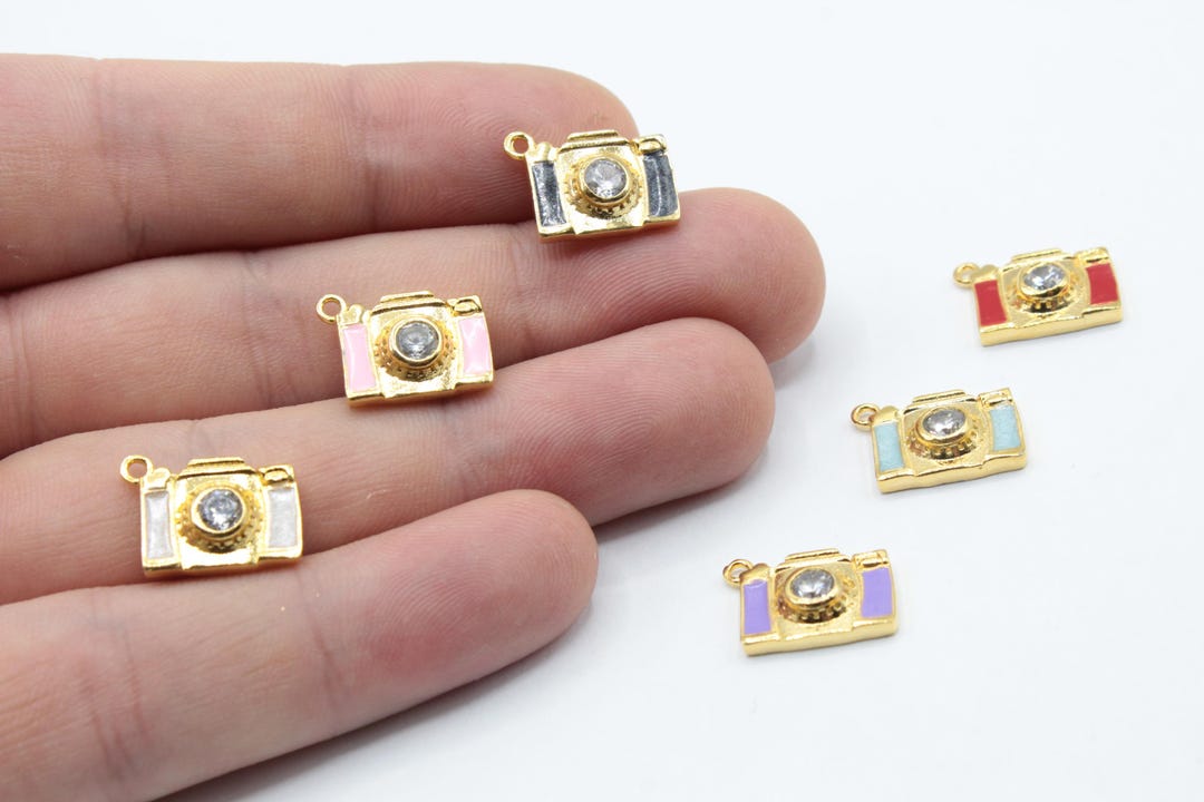 11x15mm 24k Shiny Gold Plated CZ Micro Pave Enamel Camera Charm, Gold ...