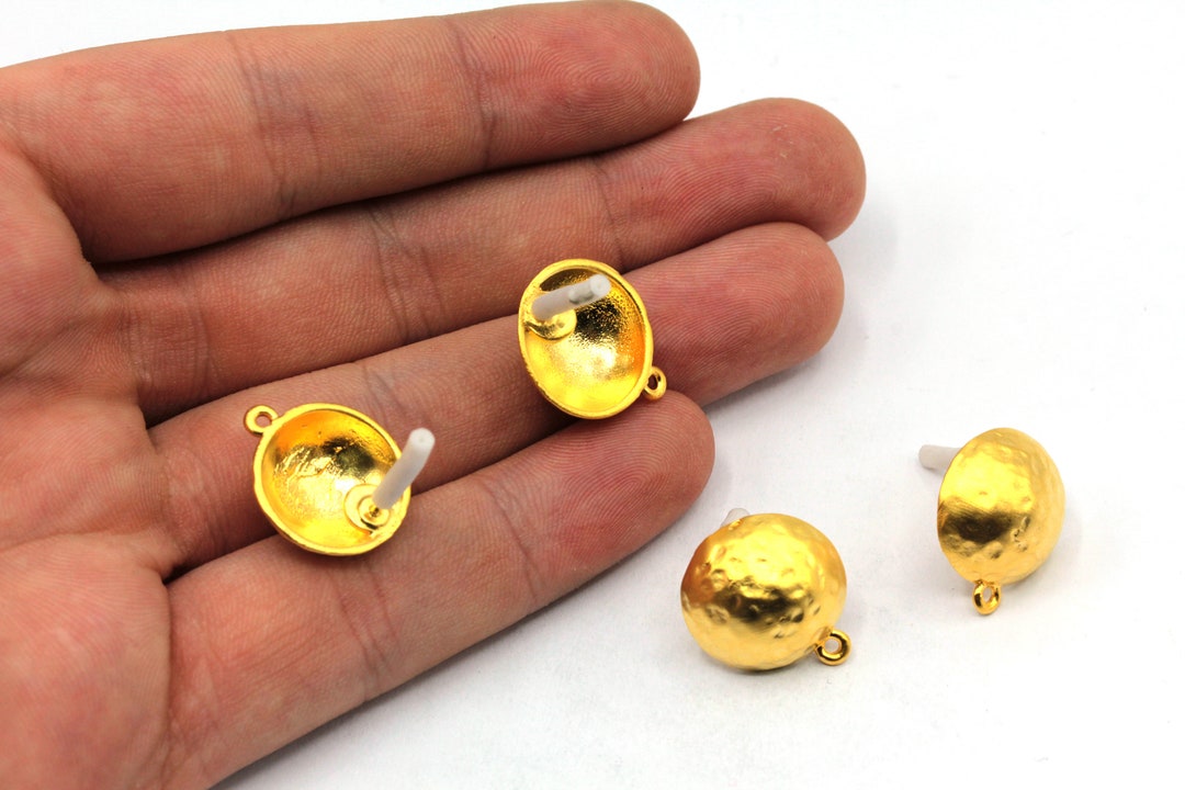 Matt Gold Hammered Round Earring Post With Loop, Gold Circle Stud ...
