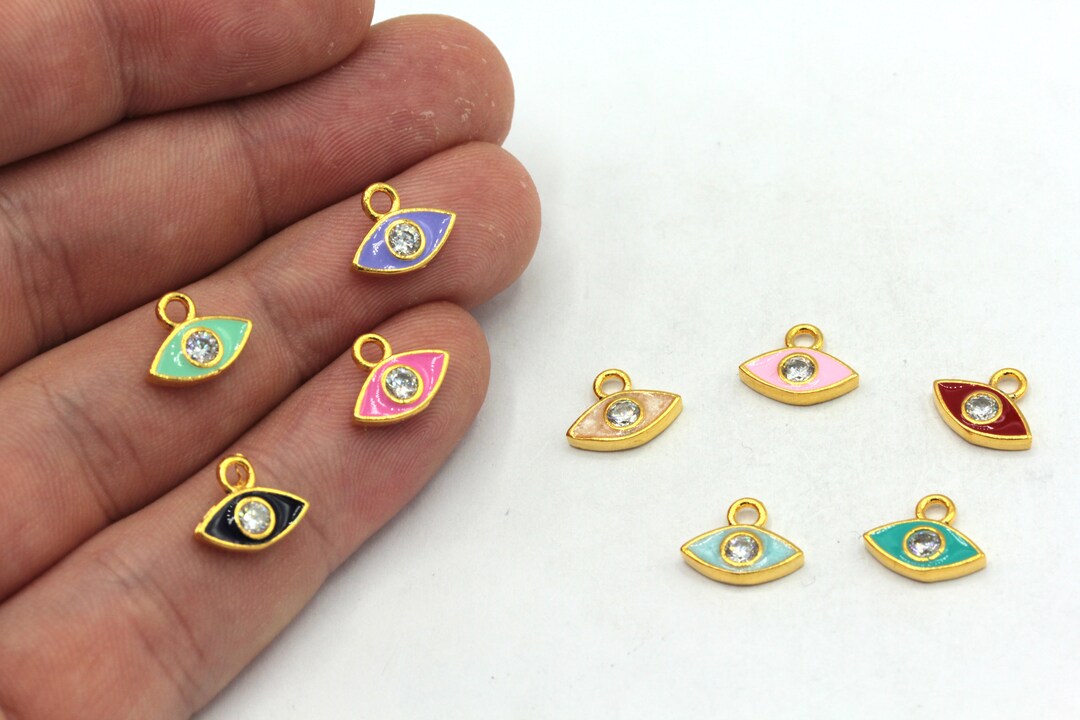 8x10mm 24k Shiny Gold Tiny Evil Eye Charm, CZ Micro Pave Evil Eye Charm ...