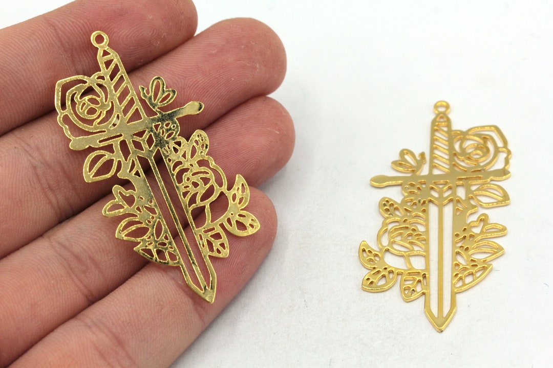 25x51mm 24k Shiny Gold Sword With Flower Charm, Sword Pendant, Long ...