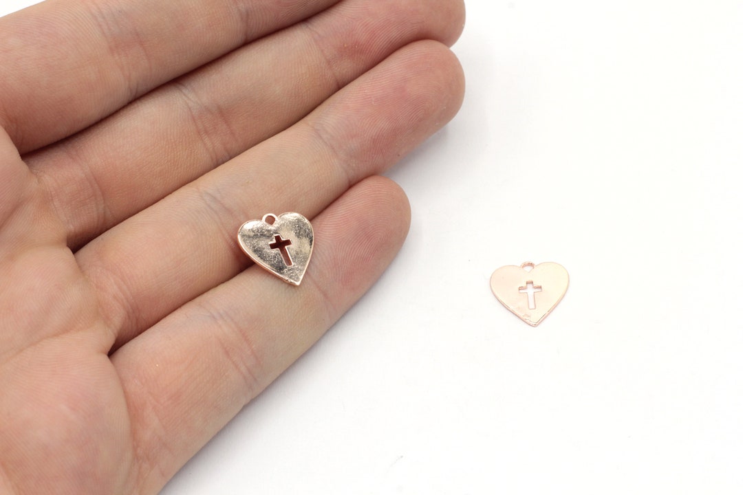 12x12mm Rose Gold Plated Heart Cross Charm, Cross Bracelet Charm, Tiny ...