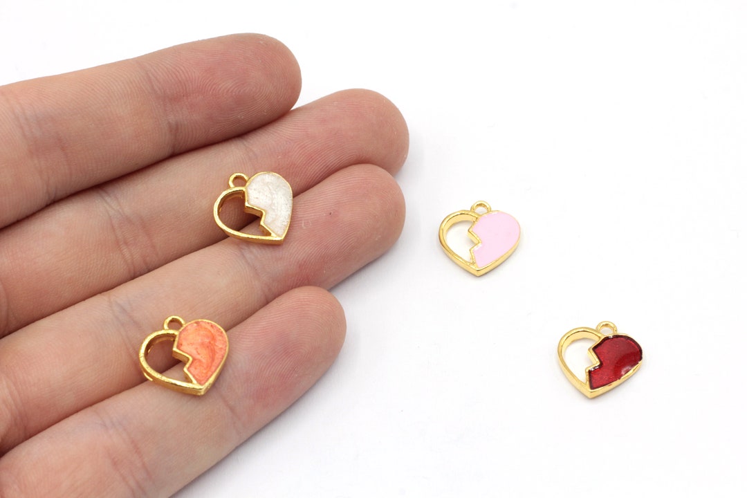 13mm 24k Shiny Gold Plated Broken Heart Charm, Red Enamel Heart Charm ...
