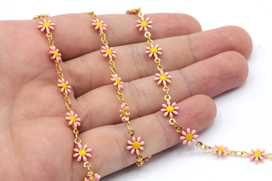 7mm 24k Shiny Gold Plated Enamel Daisy Link Chain, Daisy Chain, Anklet ...
