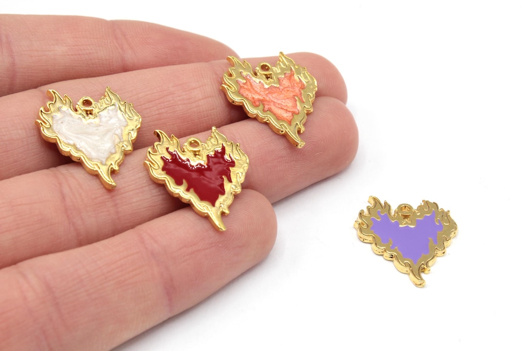 19x23mm 24k Shiny Gold Burning Heart Charm, Gold Heart Charm, Enamel ...
