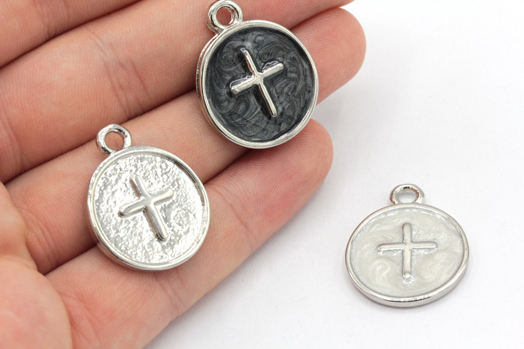 22x27mm Rhodium Plated Round Cross Charm, Cross Medallion Charm, Enamel ...