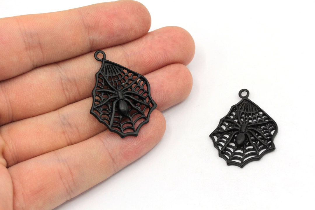 24x33mm Black Spider Web Charm, Halloween Jewelry, Black Spider Pendant ...