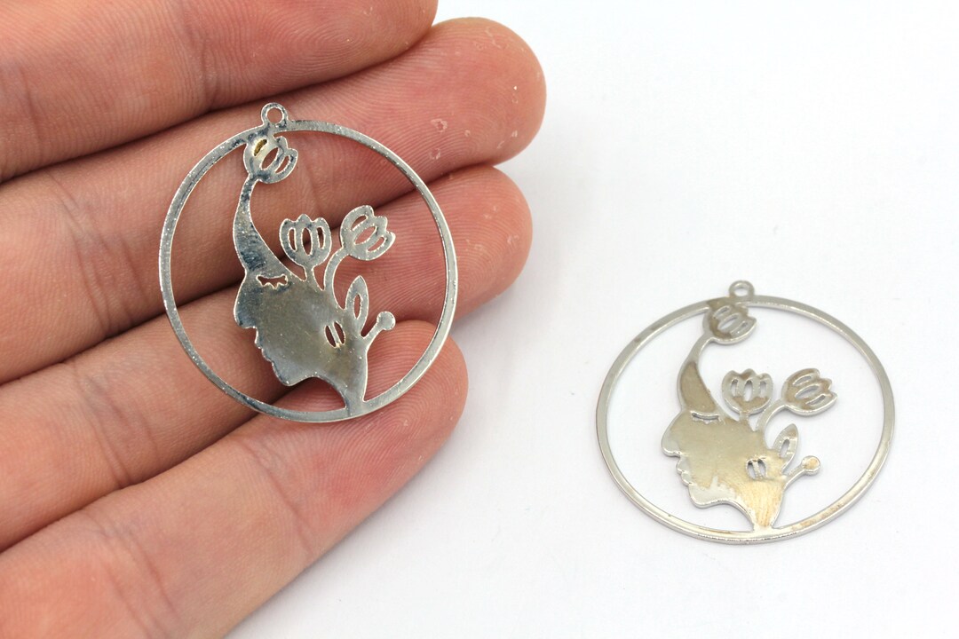 29x32mm Rhodium Girl Face Charm, Face With Flower Pendant, Rhodium Face ...